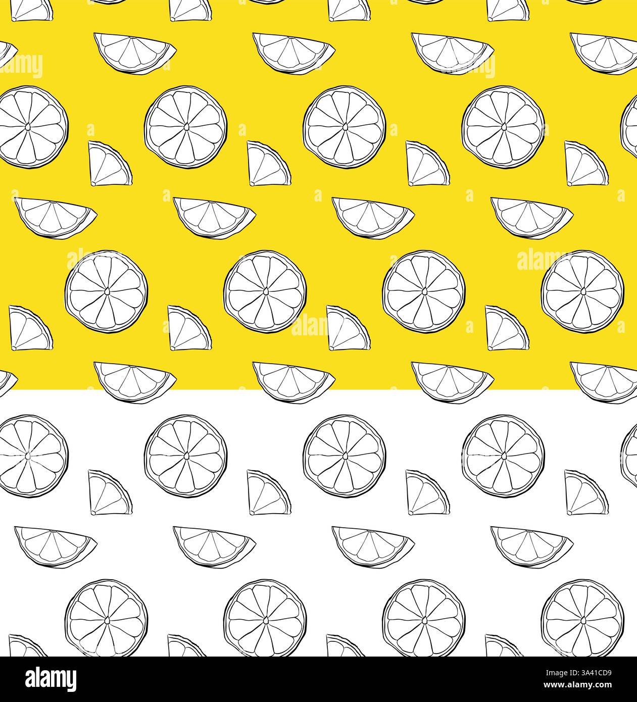 Lemon citric slices seamless pattern. Vector black and white graphic ...