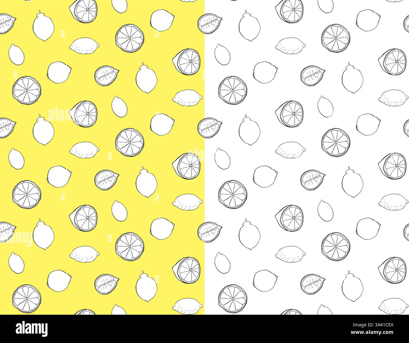 Lemons whole and cut seamless pattern. Vector black and white graphic ...