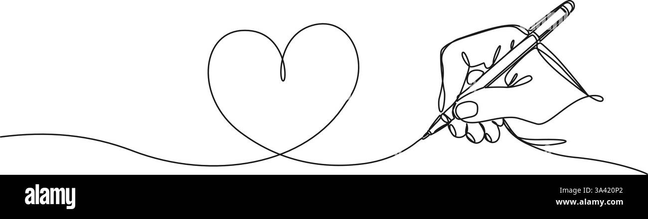 continuous single line drawing of hand holding pen drawing a heart ...