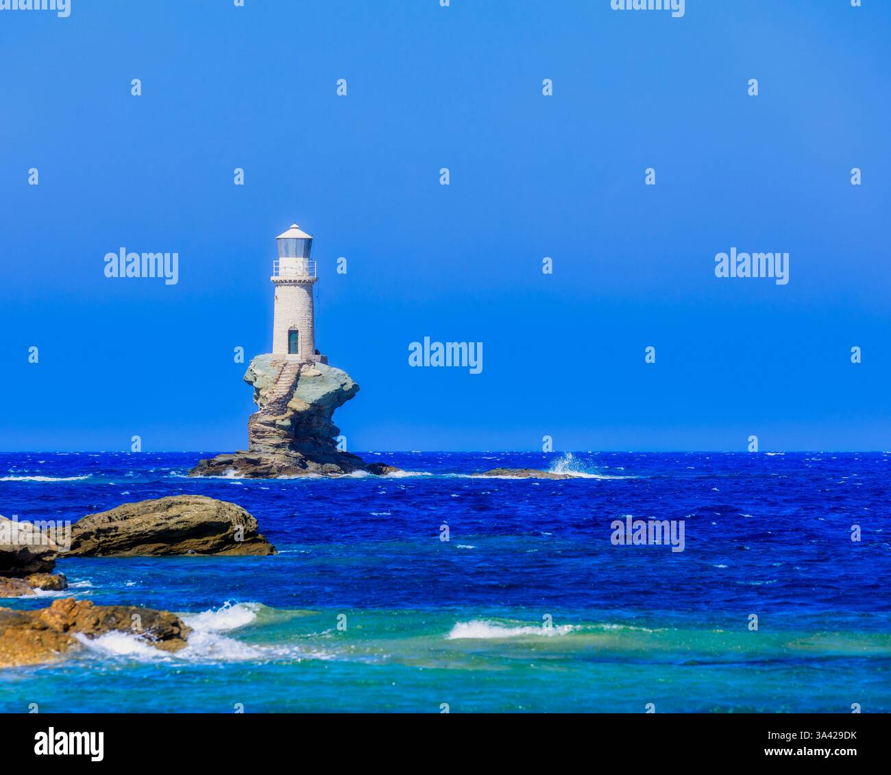 Tourlitis Lighthouse, Andros, Cyclades, Greece Stock Photo - Alamy