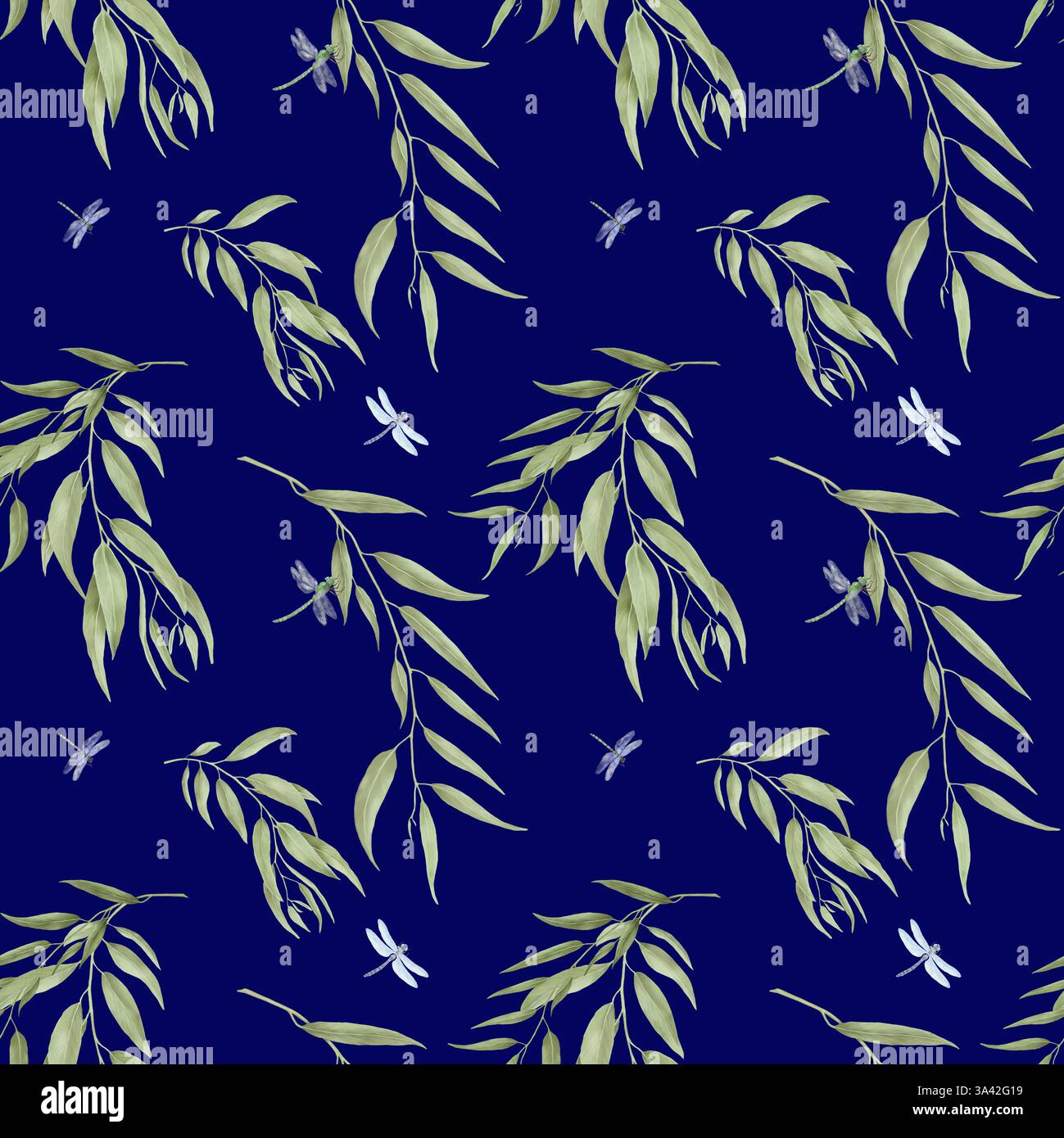 A spring branch with green leaves and dragonflies with transparent wings. Watercolor ...