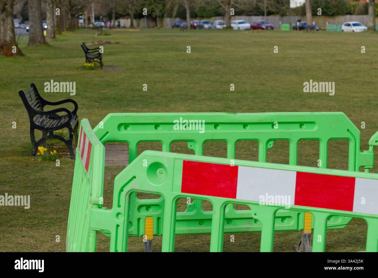 Public works going on in a park in the United Kingdom in springtime ...