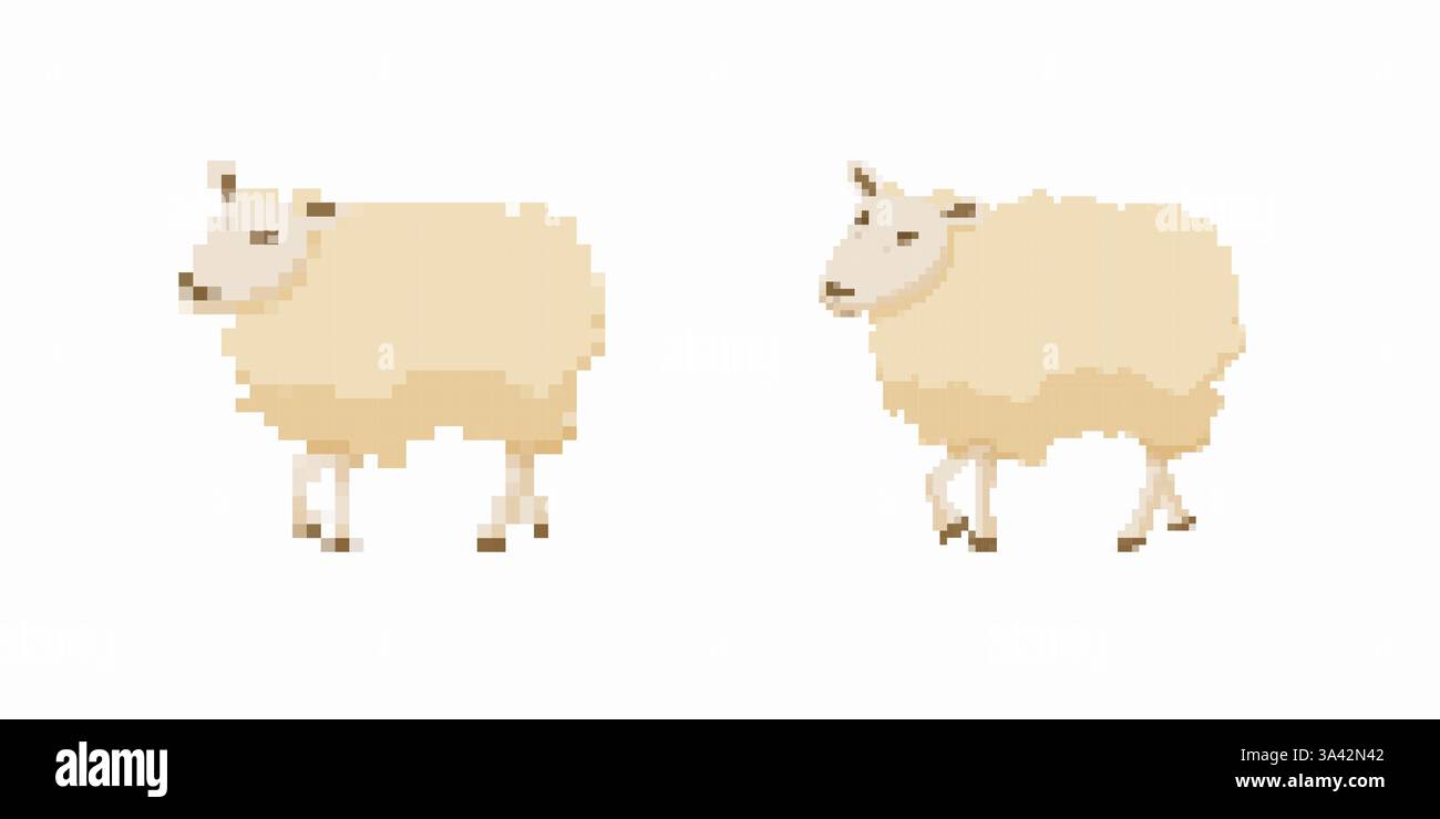 Two pixel sheep with light wool and simple features facing inward Stock ...