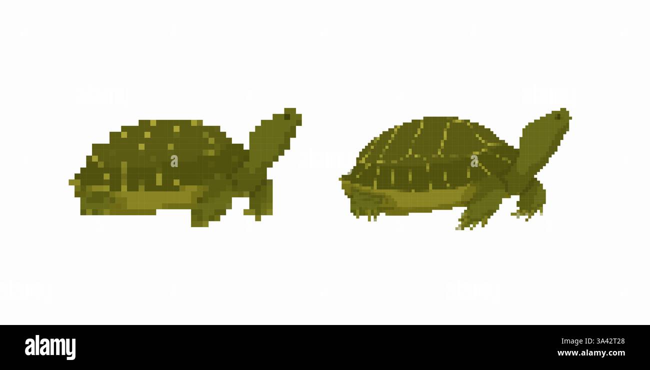 Pixel art style green turtles with detailed shells and simple block ...