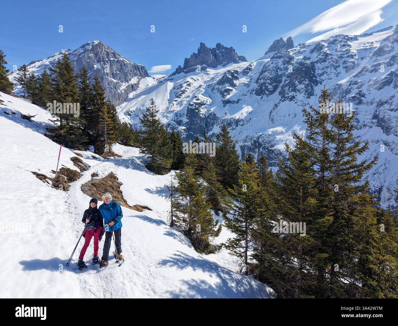Engelberg, Switzerland - 9 March 2025: women and men snowshoeing at Furenalp over Engelberg on ...