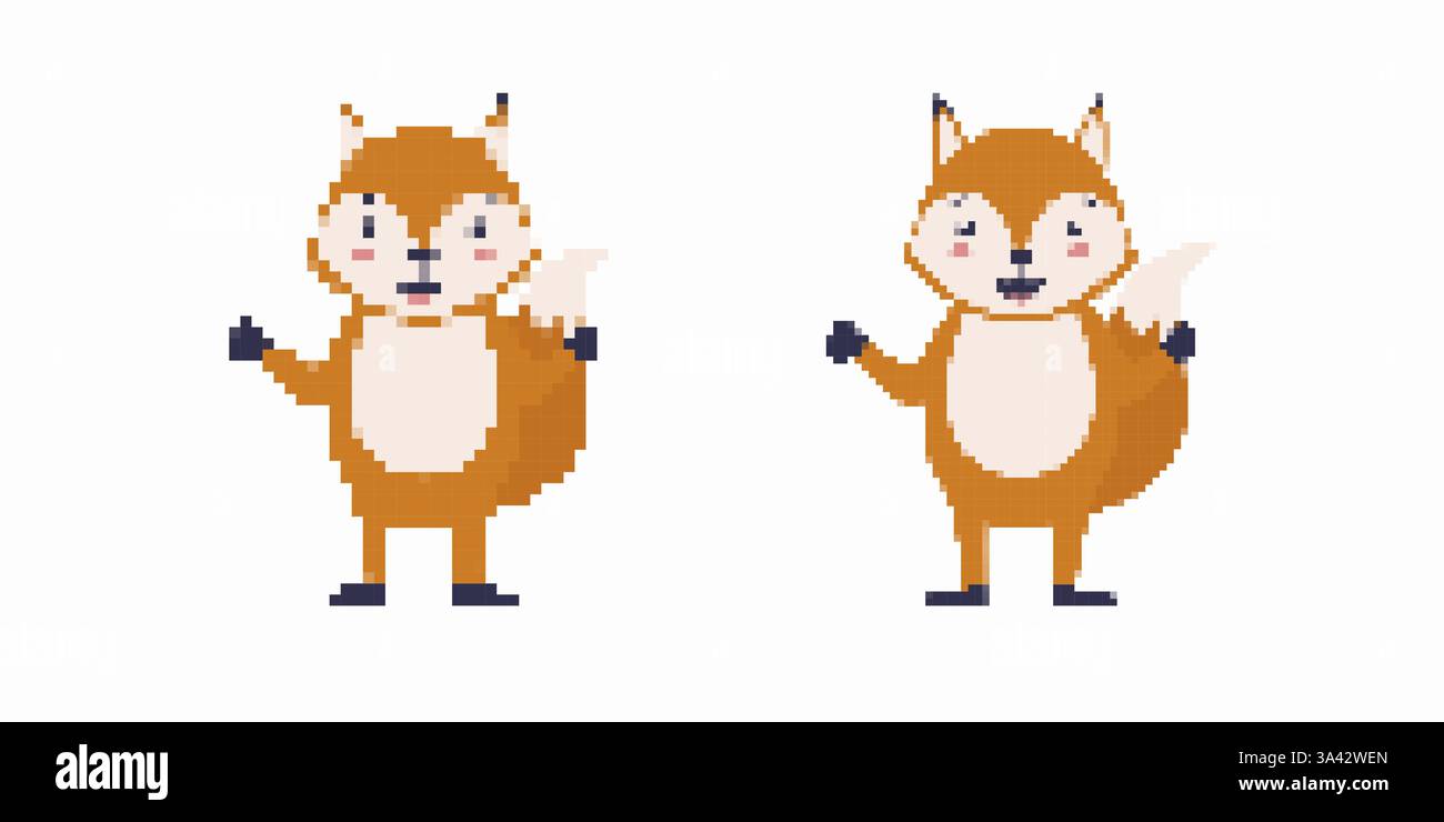 Pixel art foxes joyfully posing with arms up and subtle expression ...