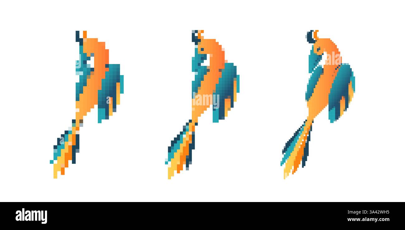 Pixel art parrot illustrations with bright orange and green color ...