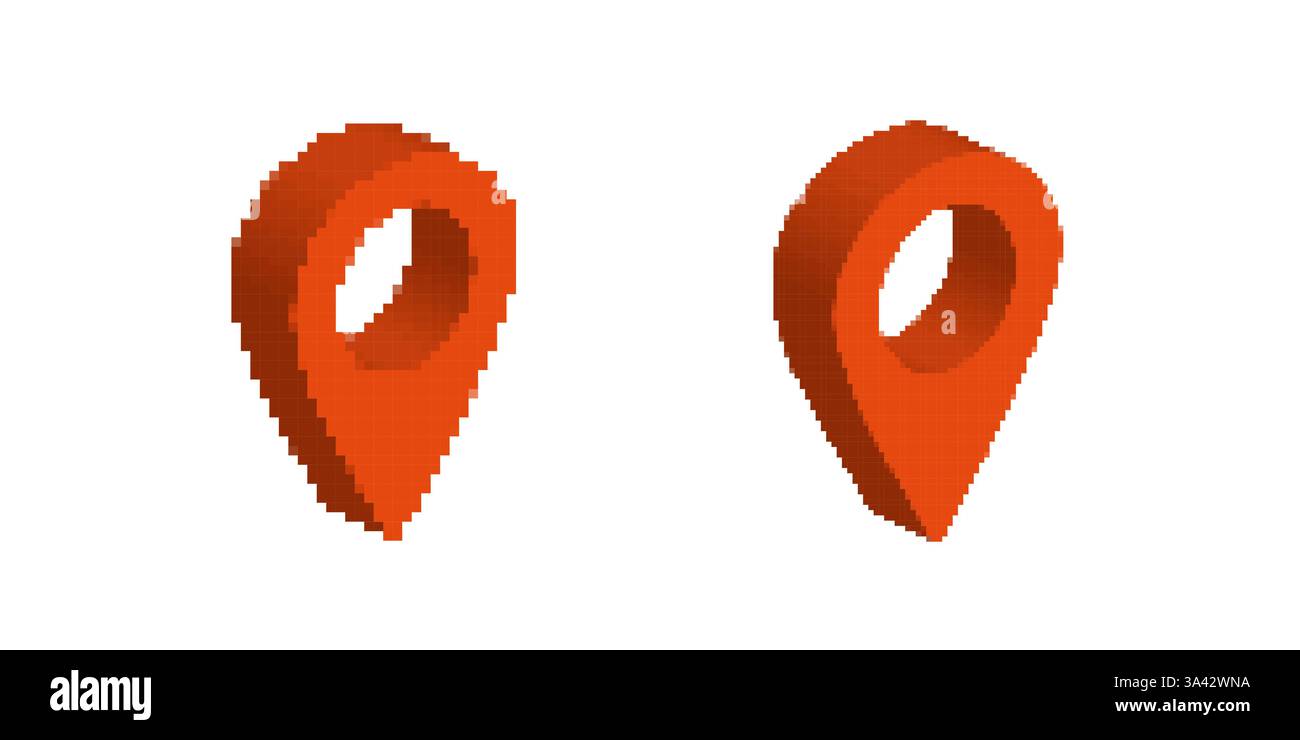 Two simple pixel art orange map pins facing opposite directions with ...