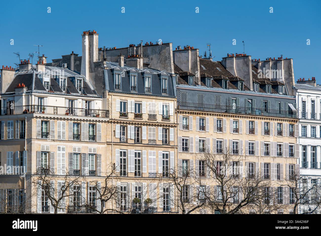 Facades of classic Parisian style residential buildings in Paris ...