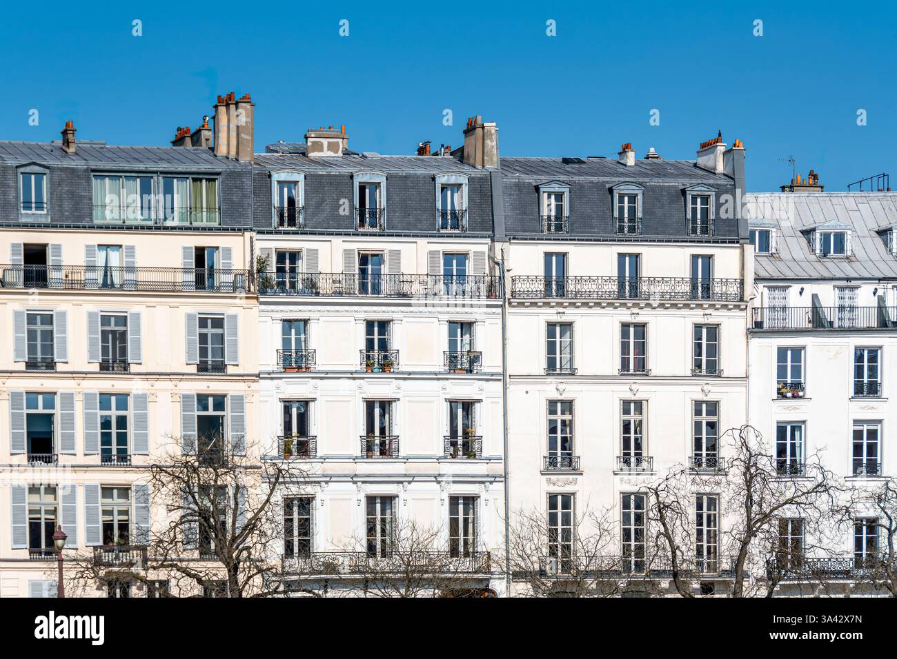 Facades of classic Parisian style residential buildings in Paris ...