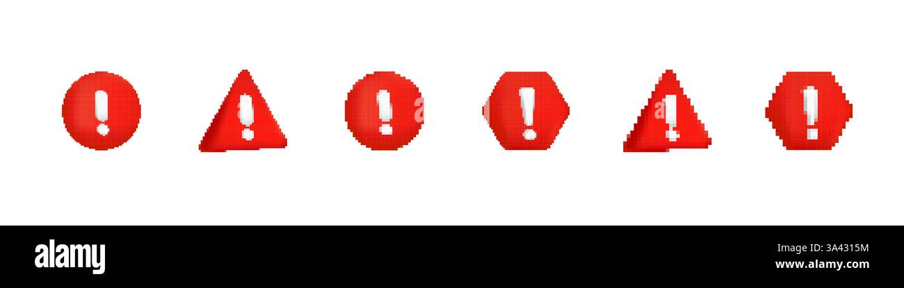 Various red warning symbols with exclamation marks in different ...