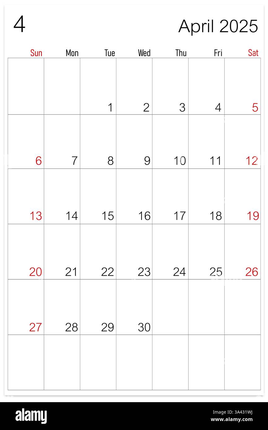 April 2025 calendar page isolated on white background, save clipping ...