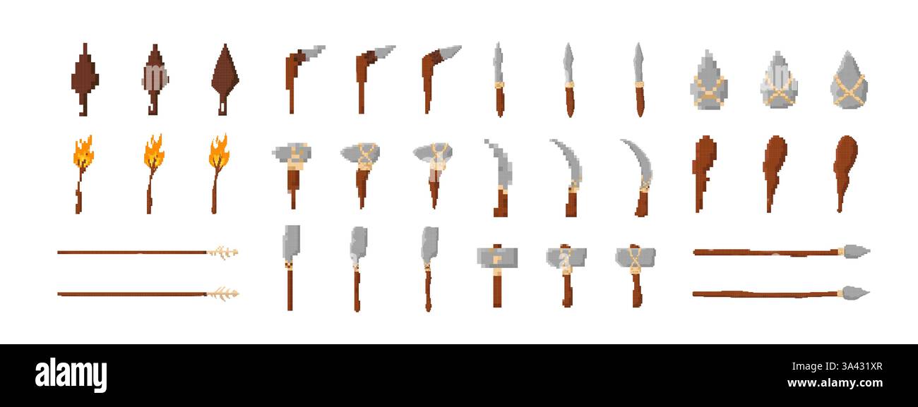Collection of pixel art weapons and tools in various designs and ...