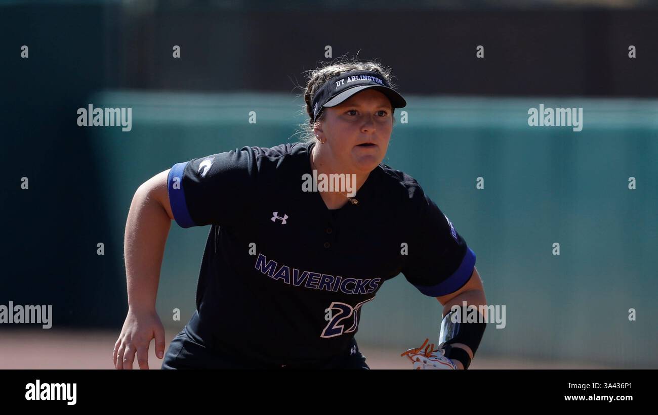UT-Arlington first baseman Madi McDonnell stands ready to field the ...