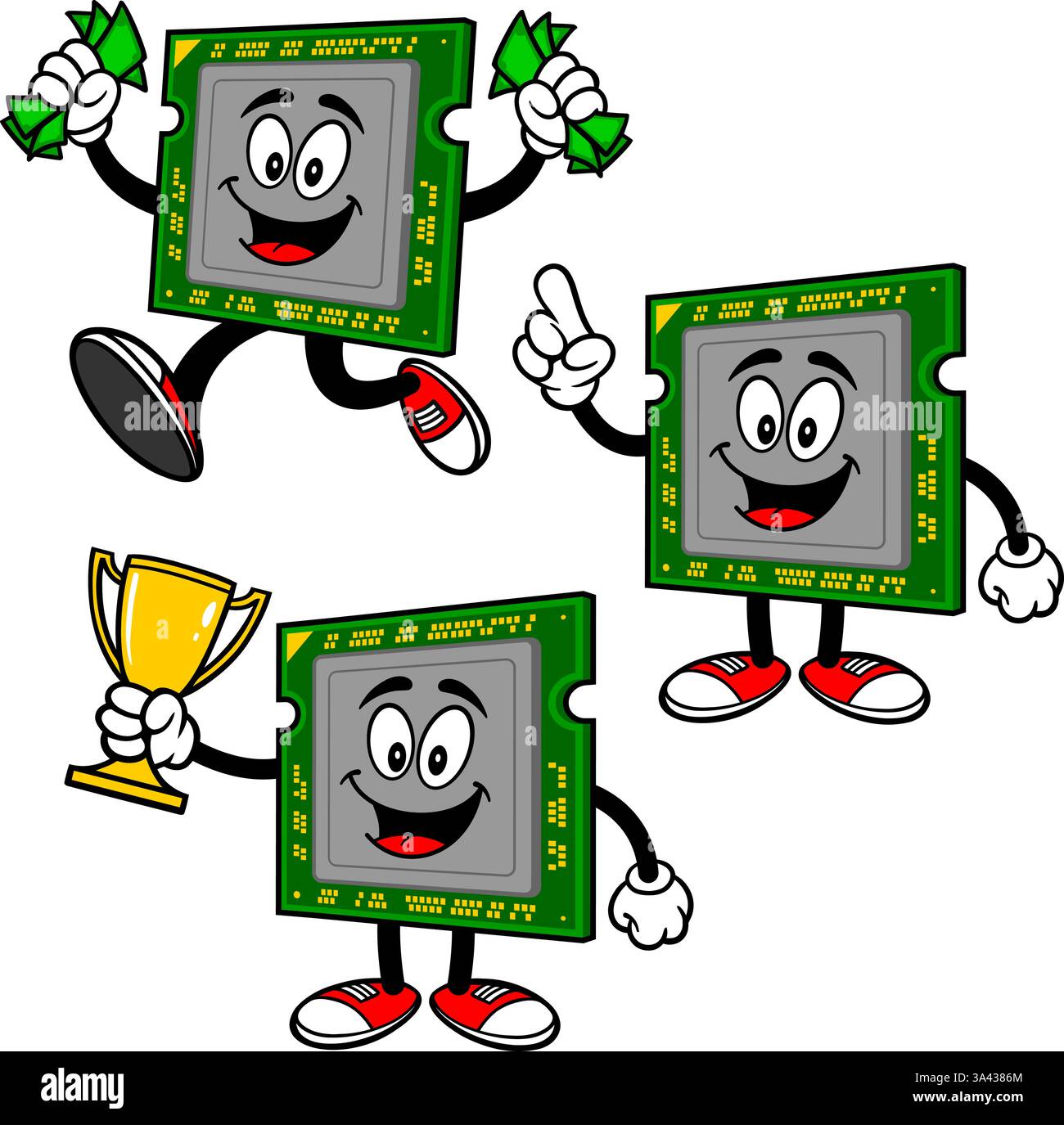 Computer Chip Character Set, Hand Drawn illustrations, Isolated On ...