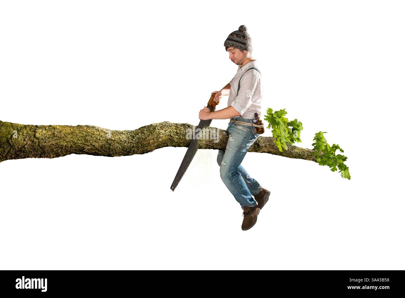 Man making the mistake of sawing off the branch he's sitting on Stock Photo - Alamy