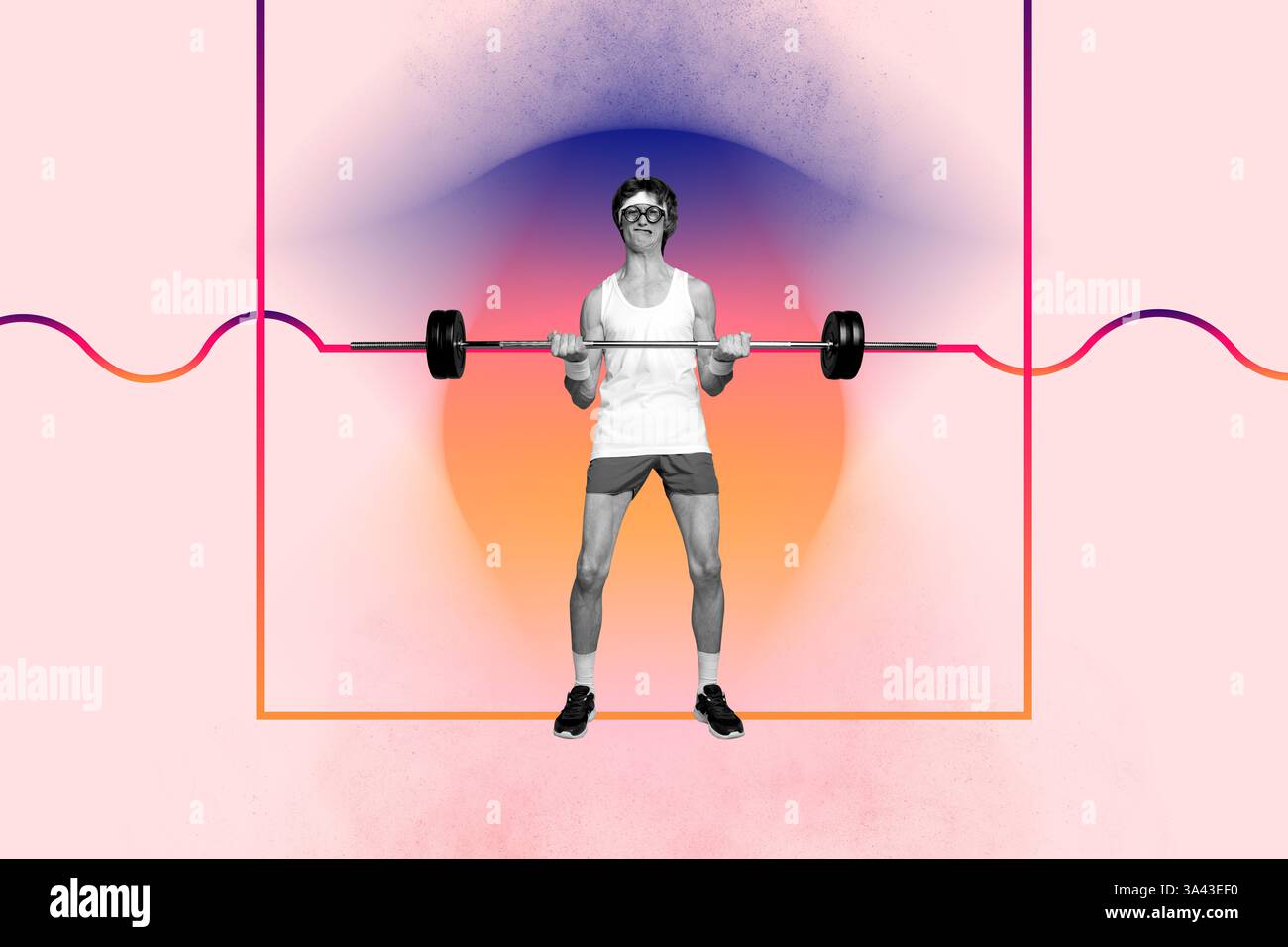 3d sketch poster trend collage of frown geek man hold dumbbell ...