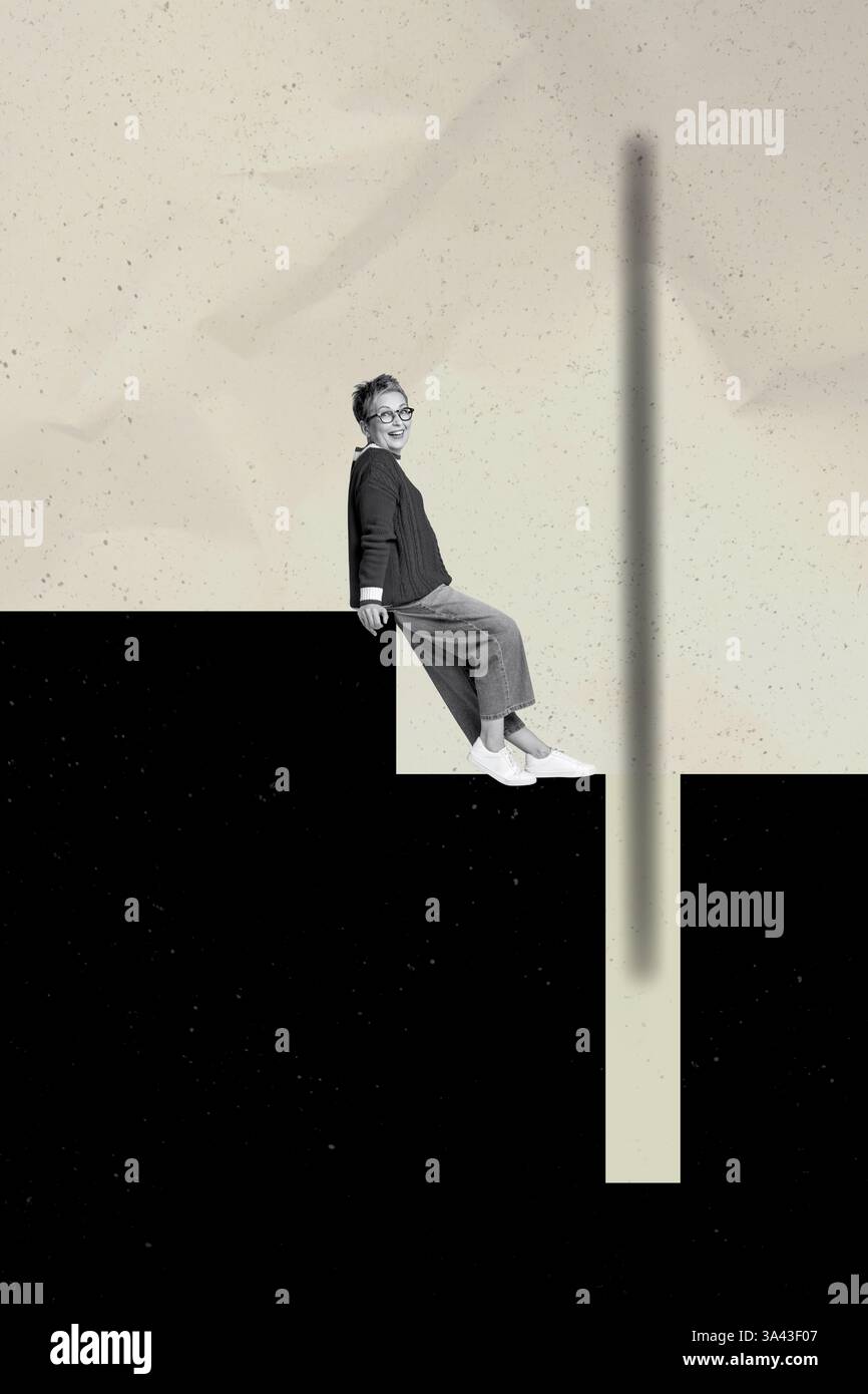 Exclusive image vertical collage of happy old woman sit chart ...