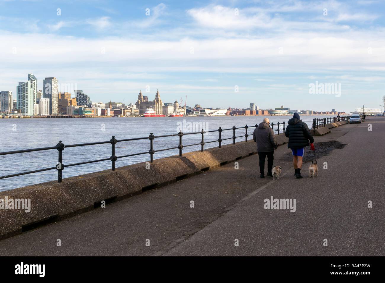 Dog walkers riverside promenade, Wallasey view across River Mersey to ...