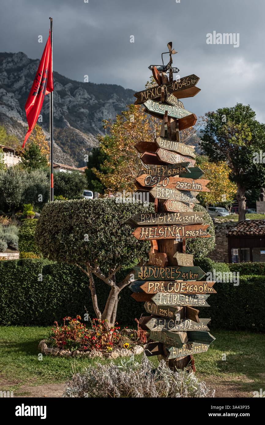 Signage on a wooden post to world wide destinations on the street. Sign ...