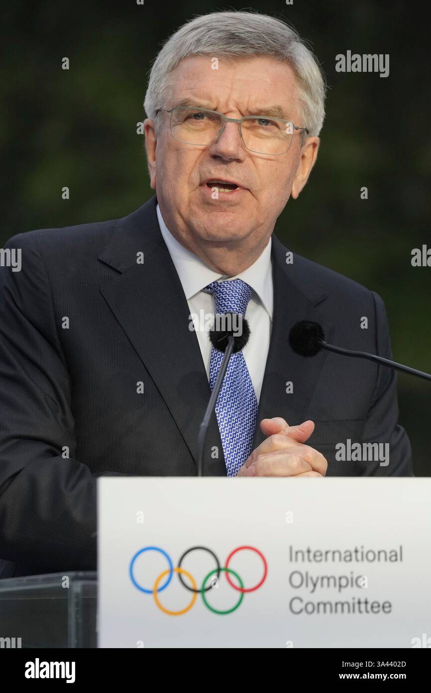 International Olympic Committee President Thomas Bach talks during the opening ceremony of the ...