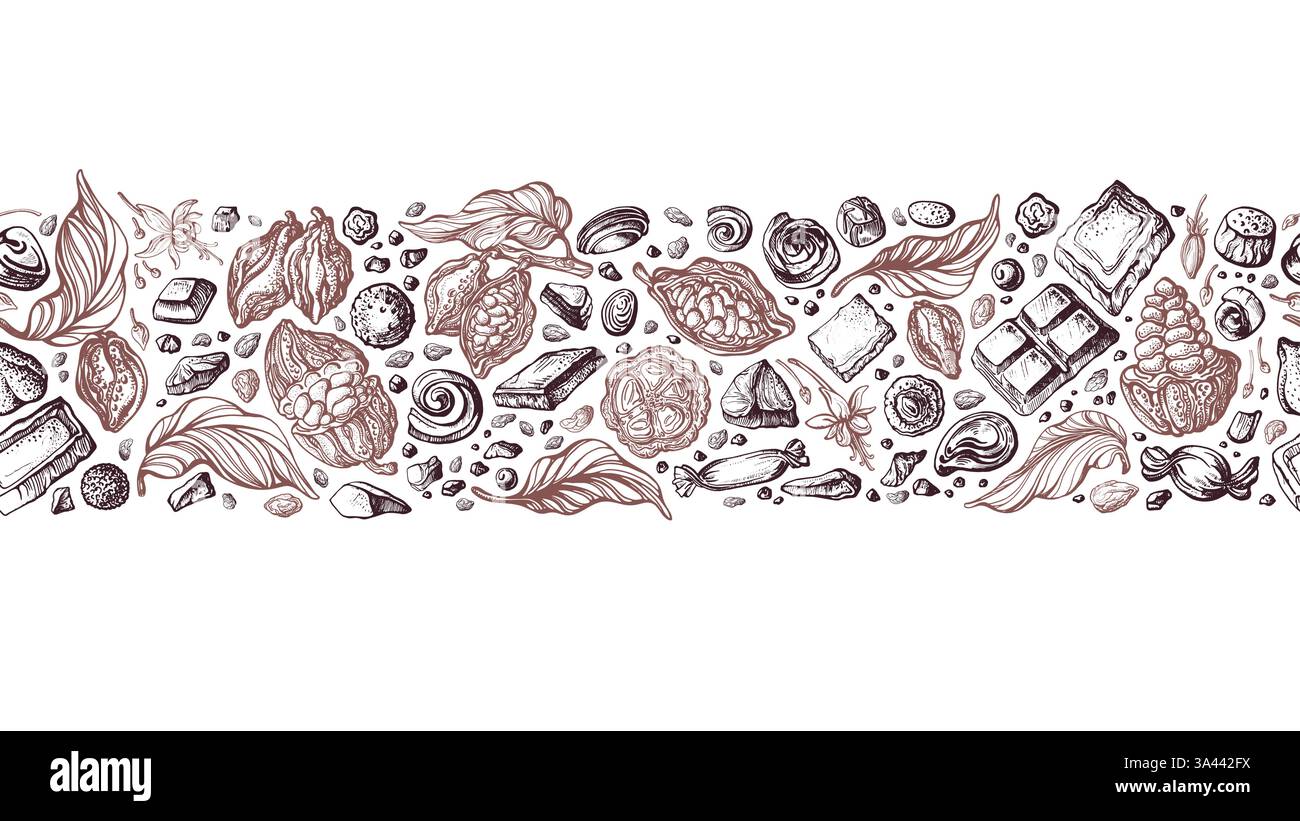 Cocoa seamless border. Vector art sketch pattern. Hand drawn fruit ...