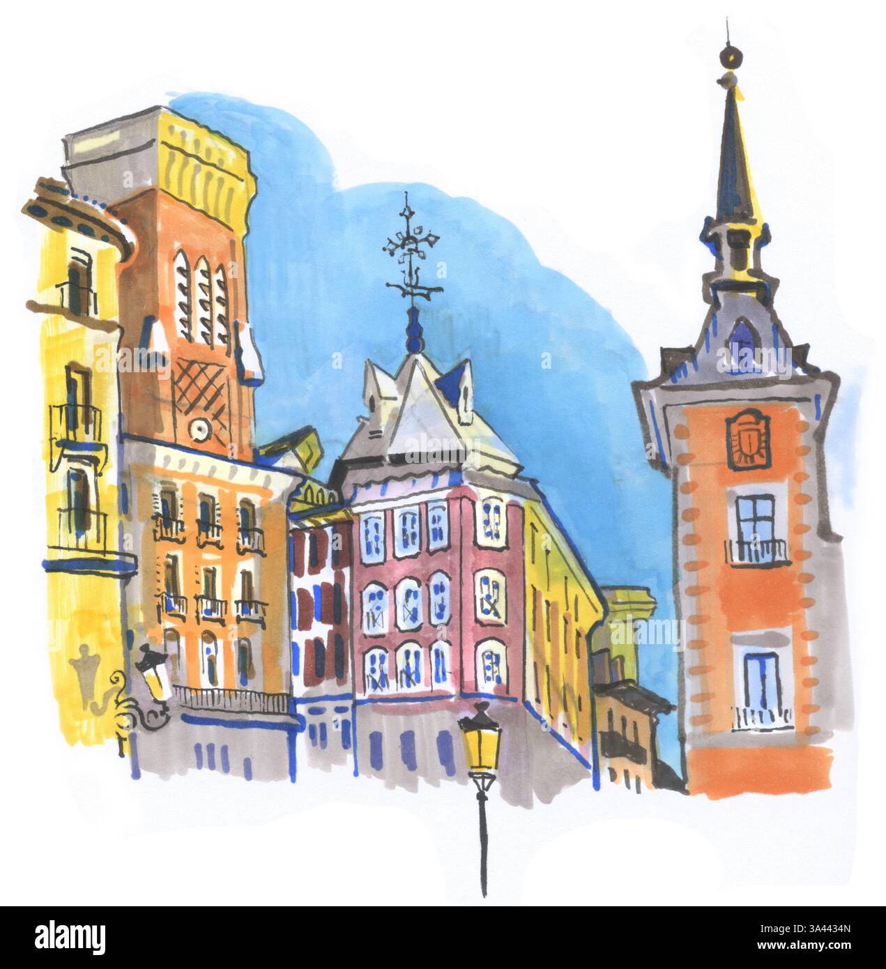 Spanish street. Sunny day, houses, windows, balconies, tree, bicycle ...