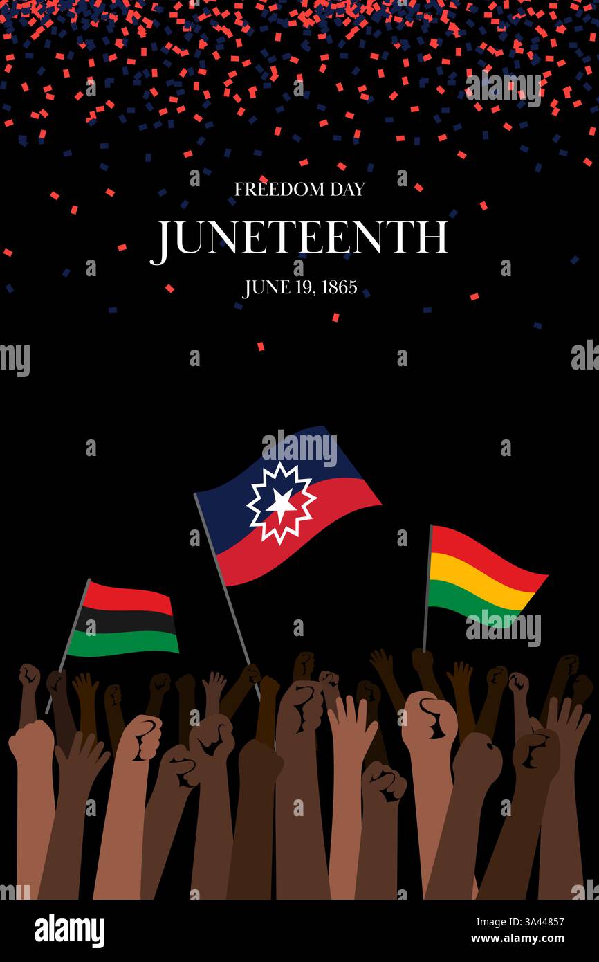 Poster commemorates Juneteenth. Flags and raised hands against dark ...