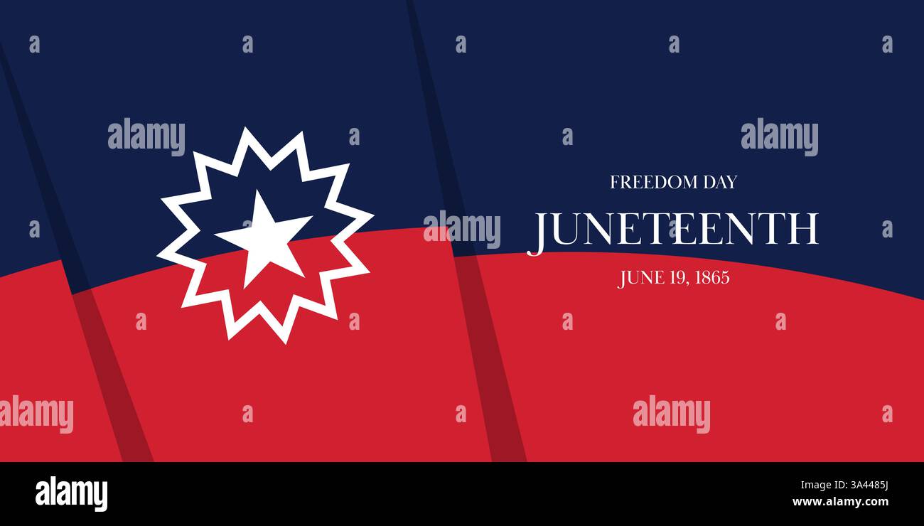 Juneteenth banner features star symbol on blue red flag. Text ...