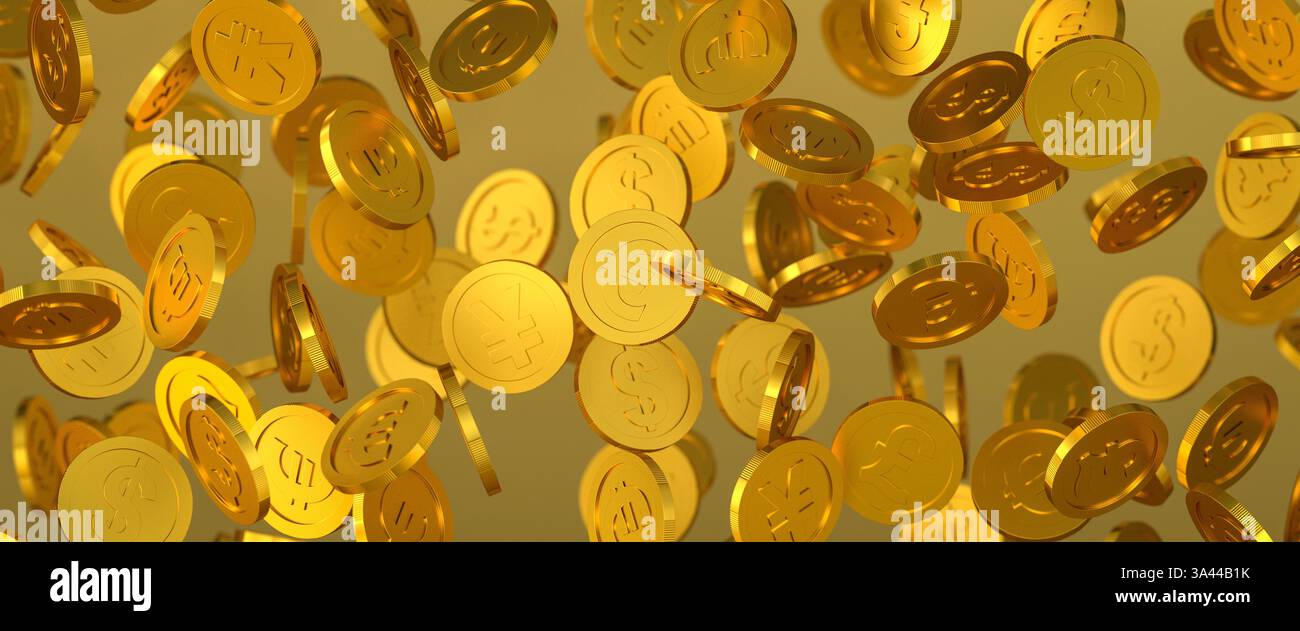 Golden Coins with euro, dollar, pound and Yen signs raining down Stock ...