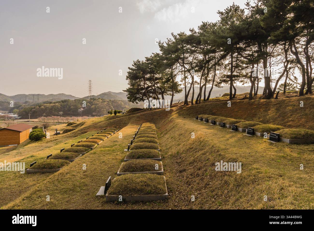 Cheonju, South Korea, April 20, 2019: Terraced graveyard of three rows ...