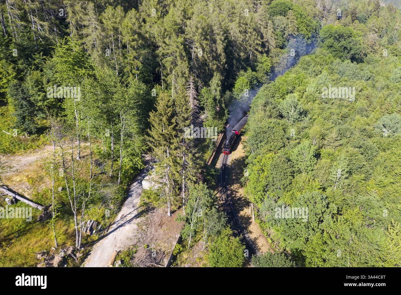 Aerial view of the Harz narrow-gauge railway in the Thumkuhlental ...
