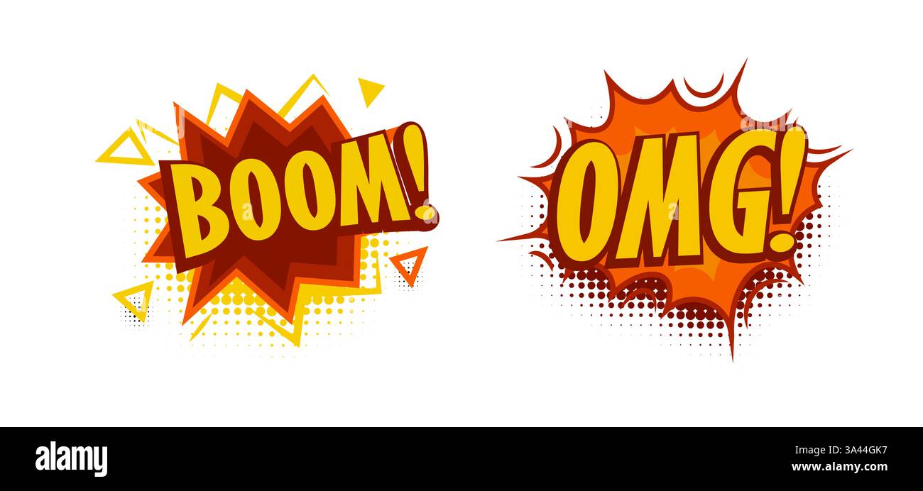 Comic style speech bubbles with boom, omg text, expressing excitement and surprise. Pop art ...