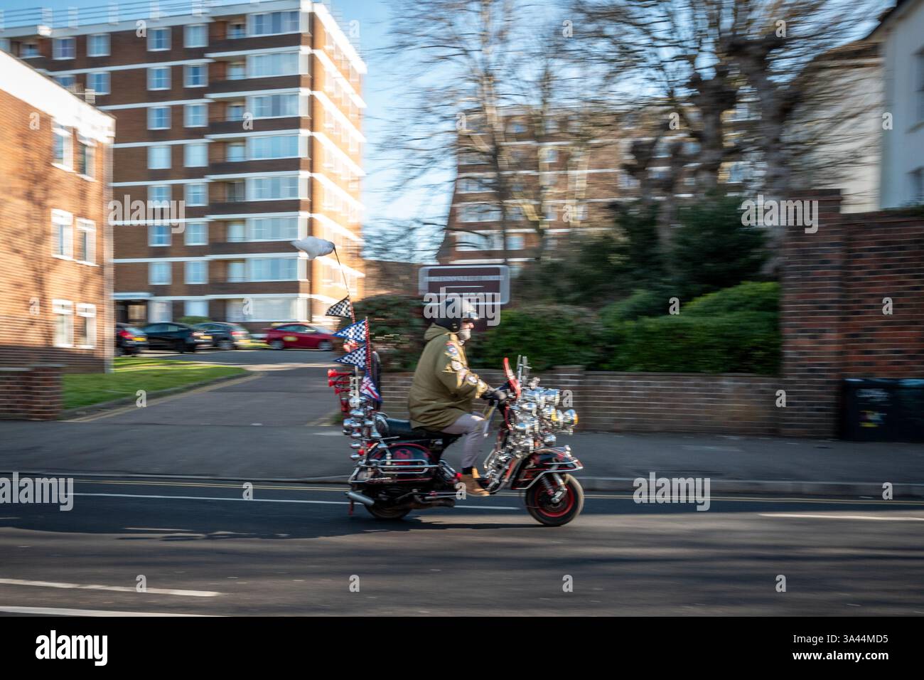 Brighton, March 16th 2025: A mod arriving in Brighton on his Vespa ...