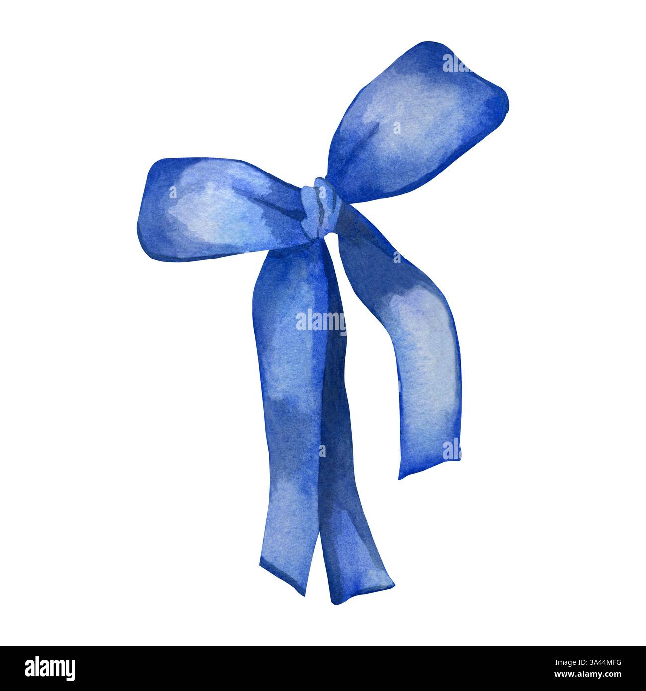 Bright blue satin ribbon bow, hand painted with watercolor and isolated on white background ...