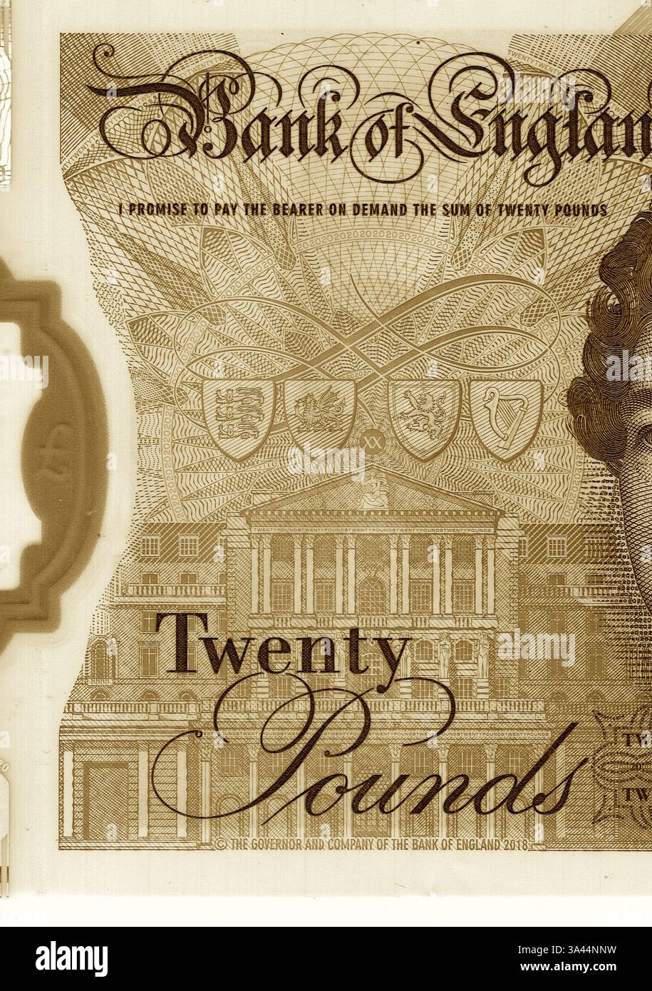 detail of a modern £20 banknote from the United Kingdom in sepia Stock ...