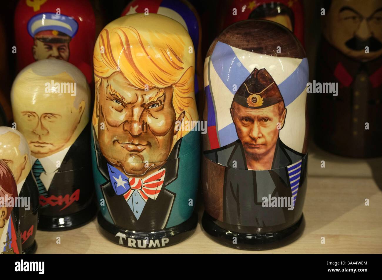 Traditional Russian wooden dolls called Matryoshka depicting Russian ...