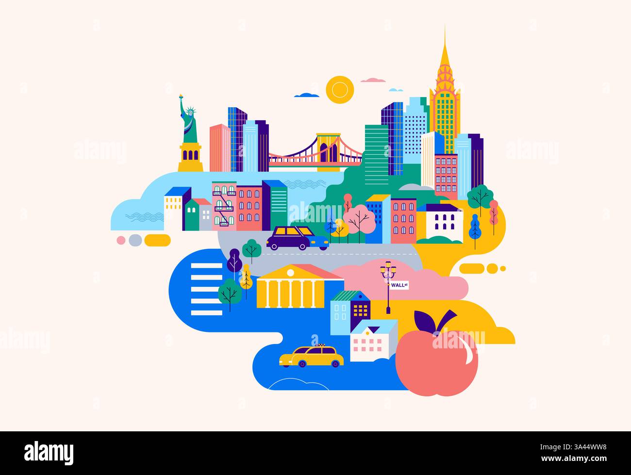 Colorful Flat Vector Illustration of New York City Skyline with NYC ...