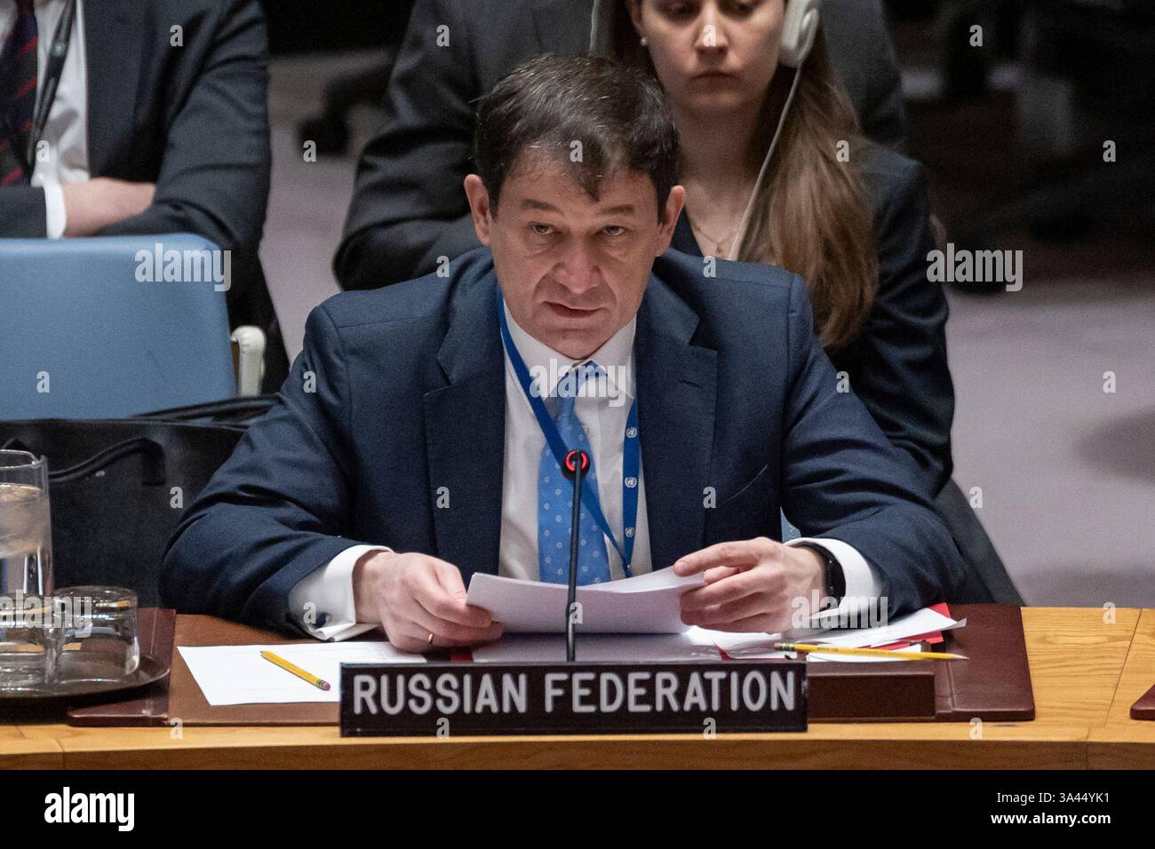 Russia's Deputy Ambassador to the United Nation Dmitry Polyanskiy speaks during a Security ...