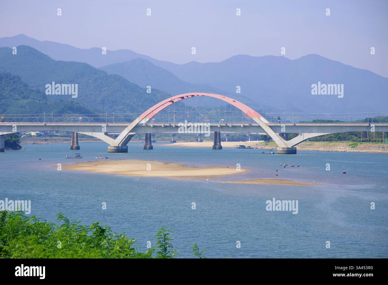 Gwangyang, South Korea - October 3rd, 2021: A modern railroad bridge ...
