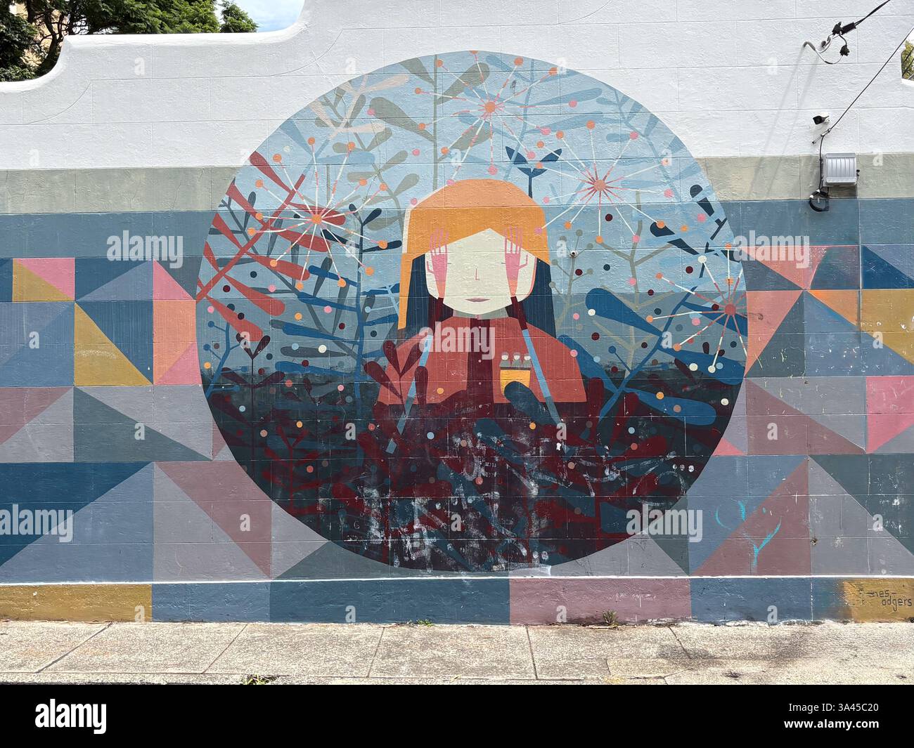 A colorful and abstract mural featuring a girl with stylized features ...