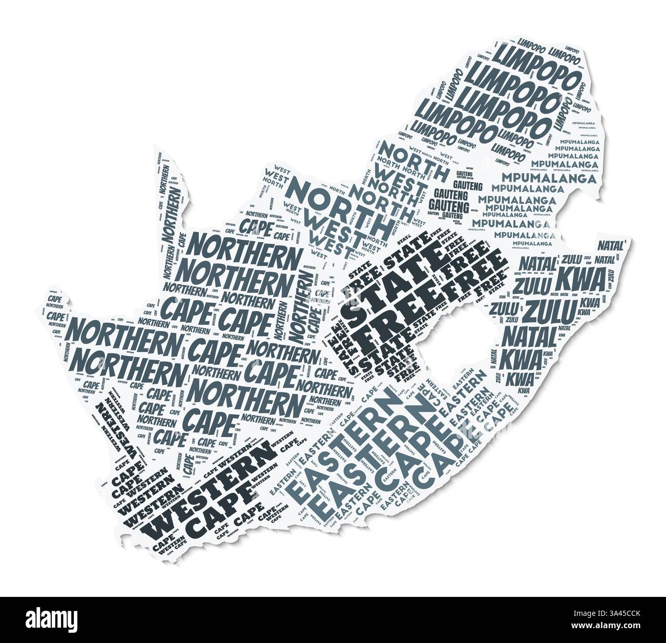 South Africa shape text cloud. Country border with shadow on white ...