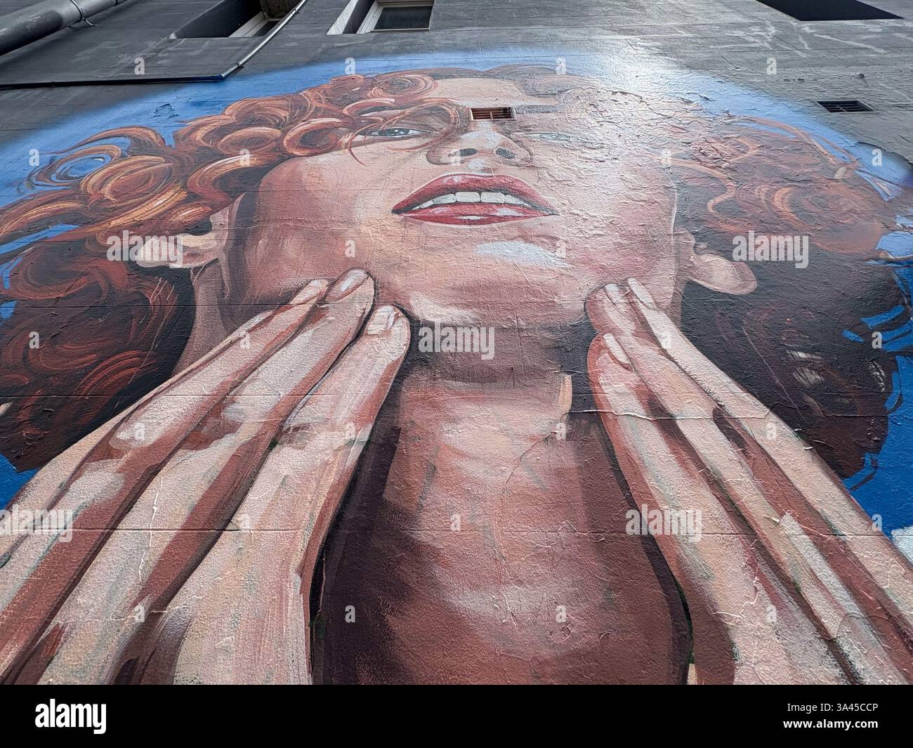 Upward view of the painting of a female face mural on building Stock ...