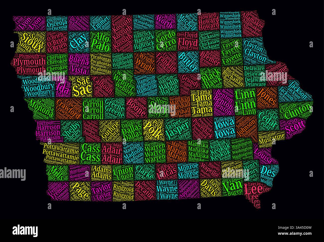 Iowa Regions Word Clouds. Bright typographic style design on dark ...