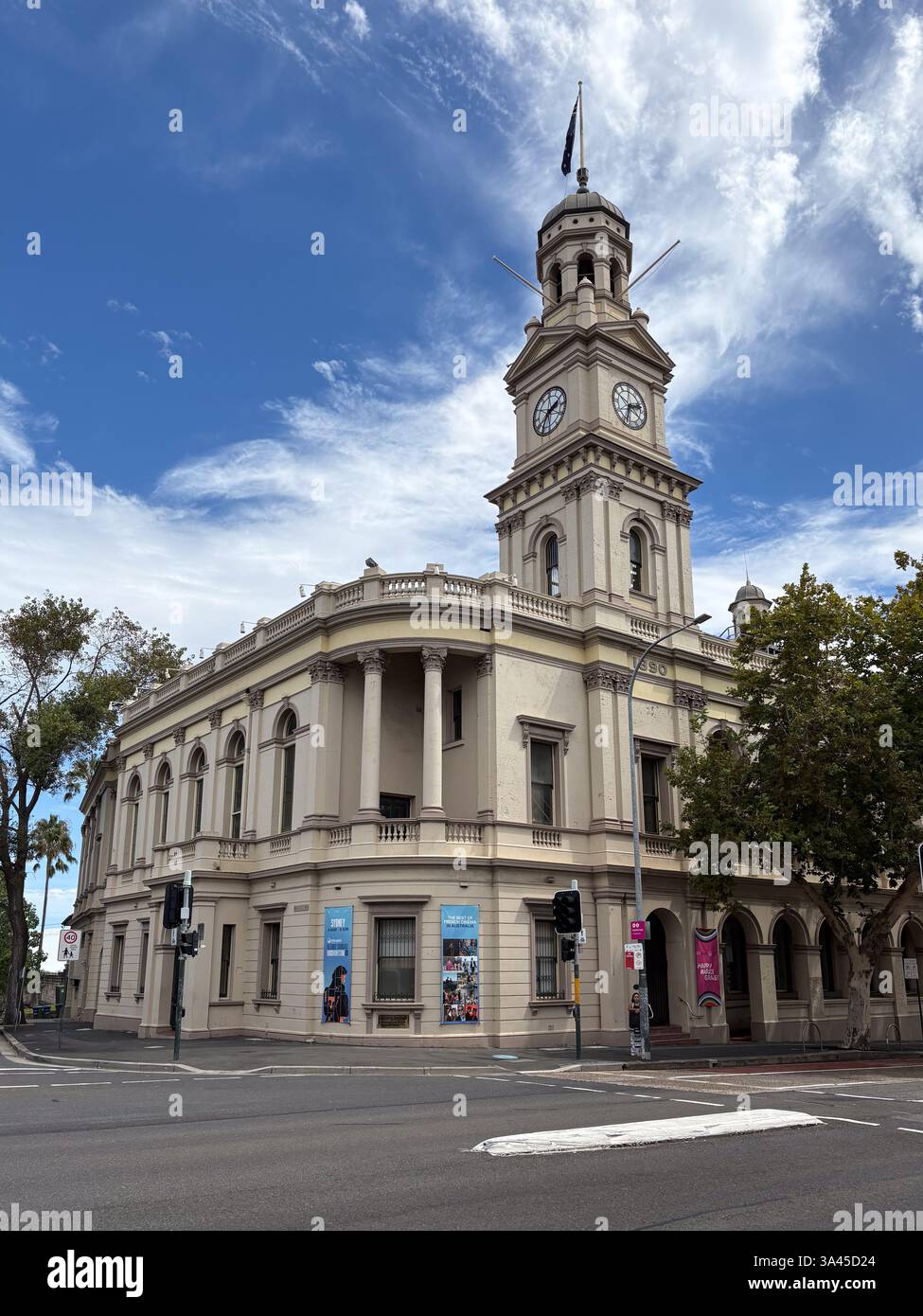 Architectural shot of Paddington Town Hall clock tower in Sydney ...