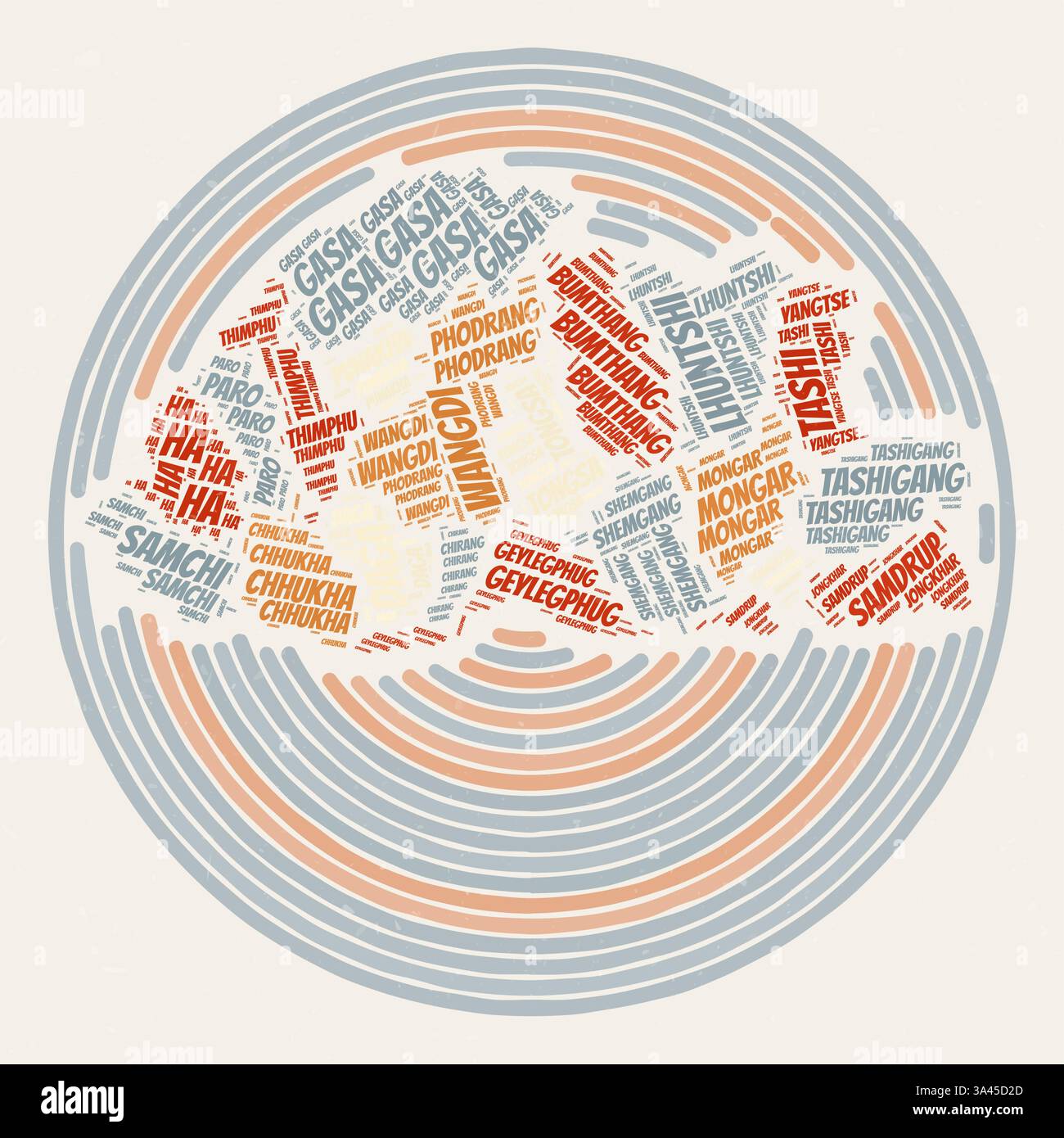 Bhutan Round Poster. Typography style image of Country. Regions word ...