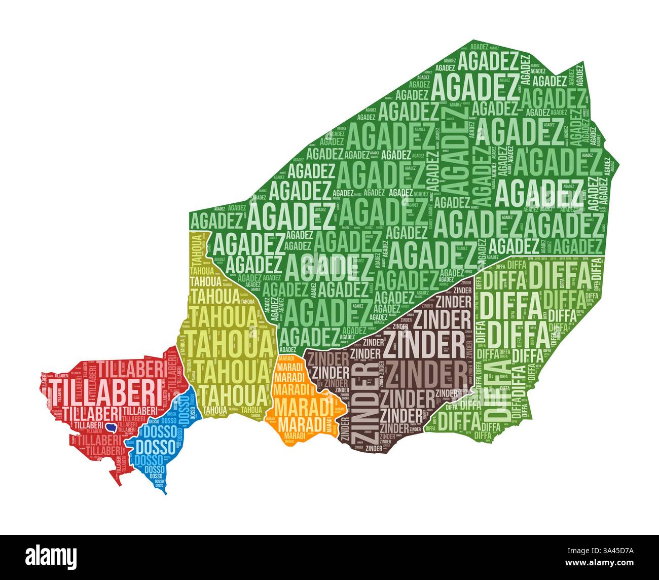 Niger shape. Country word cloud with region division. Niger colored ...