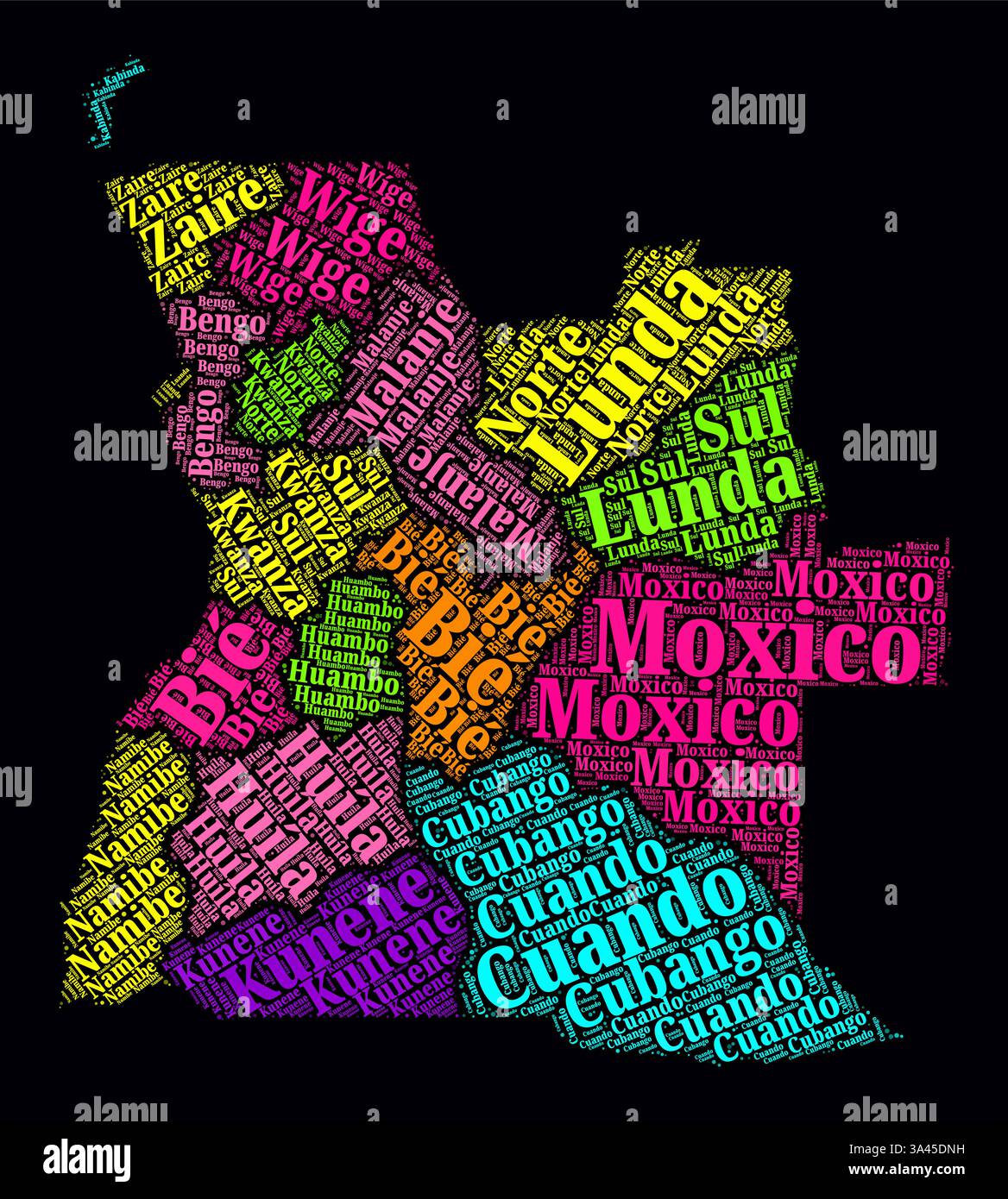 Angola Regions Word Clouds. Bright neon style design on dark background ...