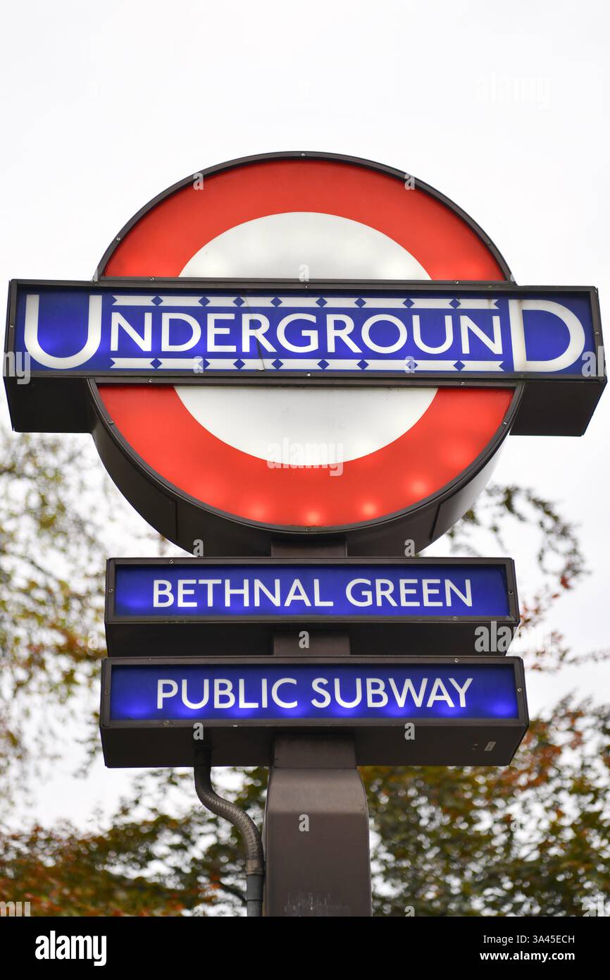 Historic London Underground and public subway sign at Bethnal Green ...