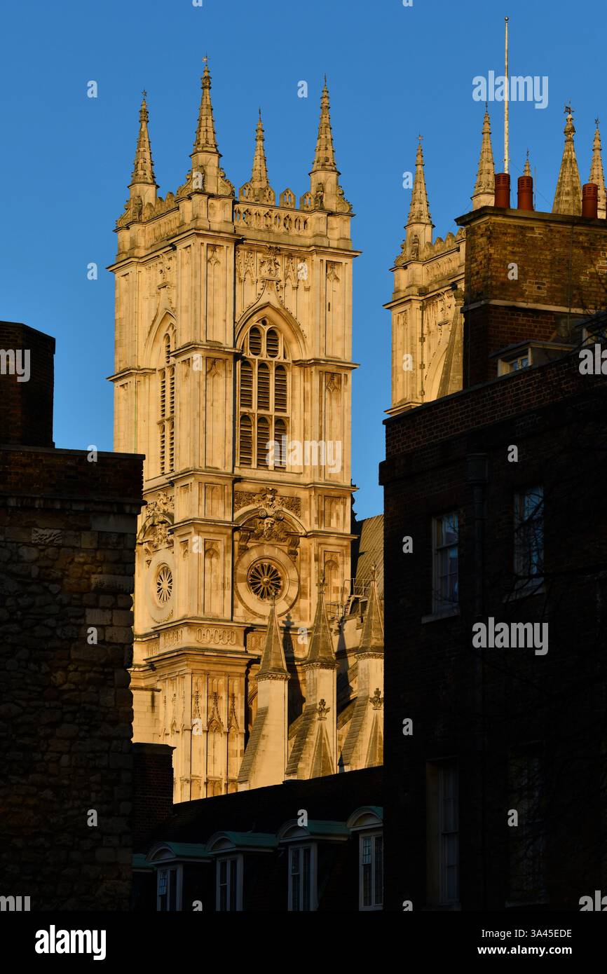 one of the two Portland stone towers at Westminster Abbey, London at ...
